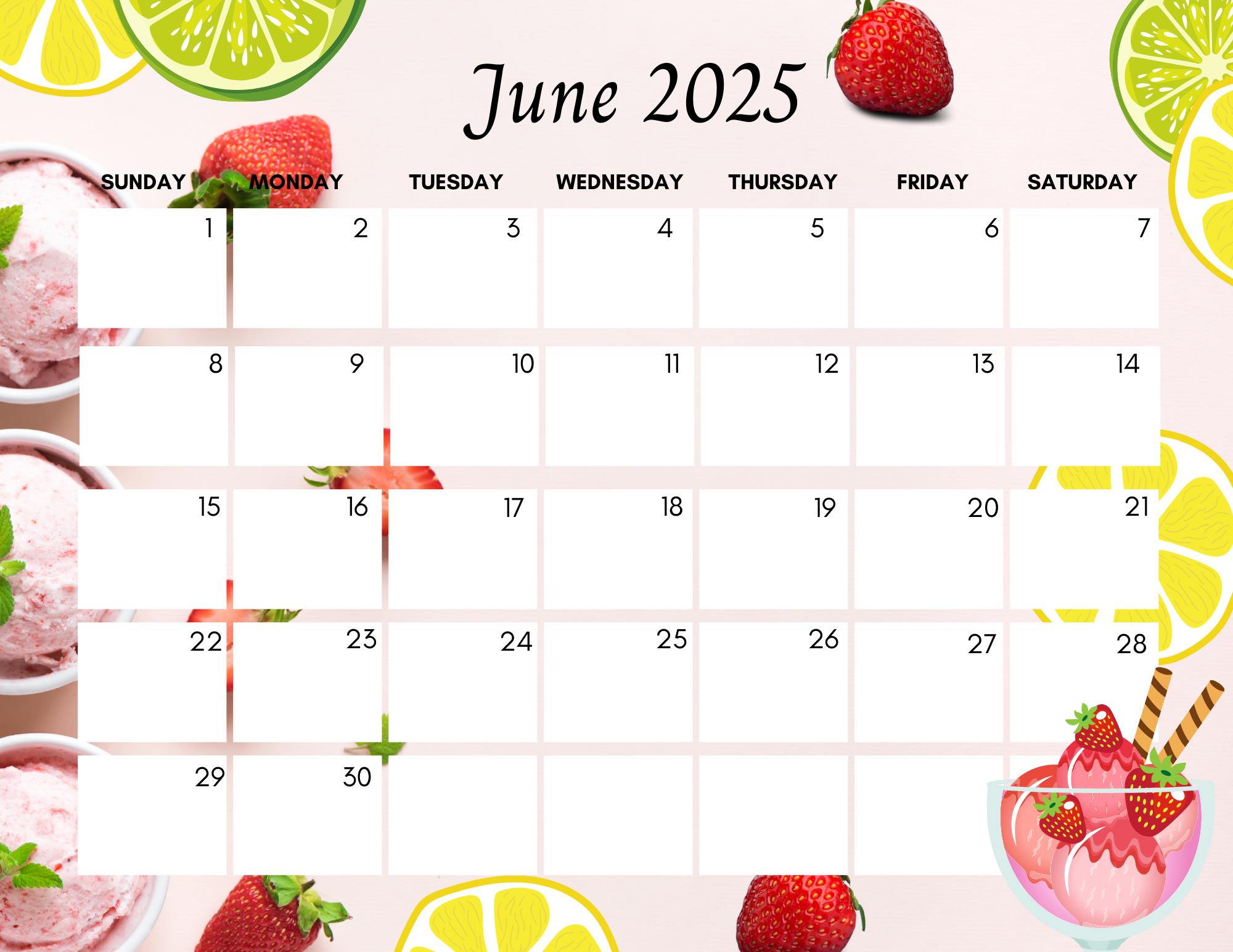 June 2025 Calendar, Cute, Colorful Calendar, Fresh Strawberries and Ice ...