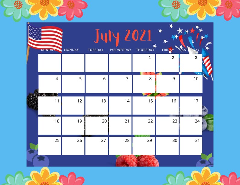 July 2021 Calendar, Cute, Summer Dark Blue Berry Printable, Digital ...