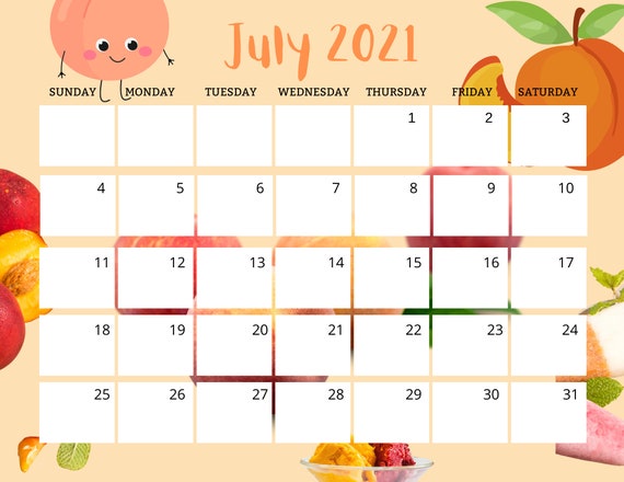 July 2021 Calendar Colorful Calendar Cute Fresh Peach Summer - Etsy