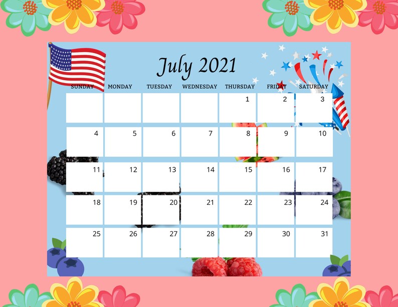 July 2021 Calendar, Cute, Summer Berry Printable Summer Design, Wall ...