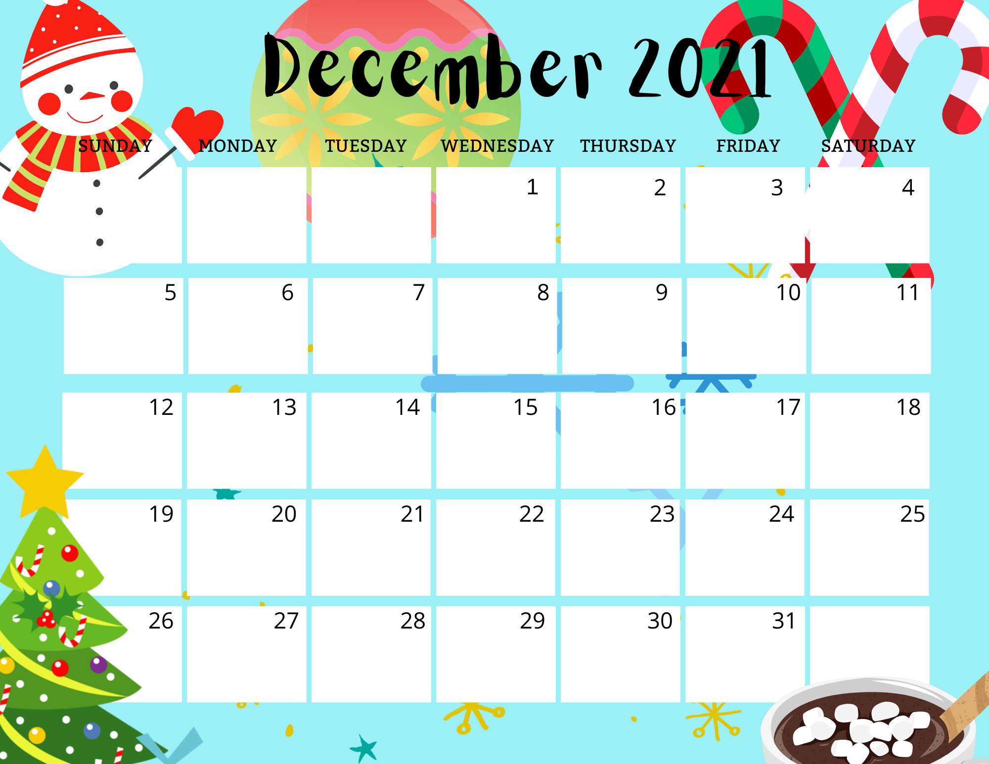 December 2021 Calendar, Editable, Cute, Printable, Winter Snowman ...