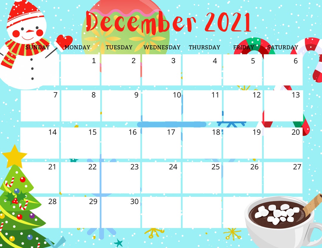 December 2021 Calendar, Editable, Cute, Printable, Winter Snowman ...