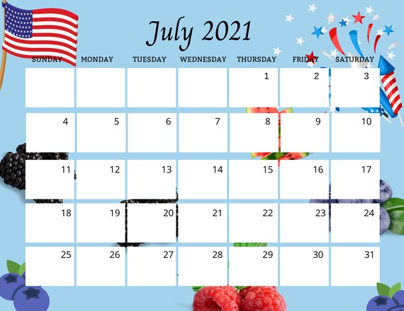 July 2021 Calendar Cute Summer Berry Printable Summer - Etsy