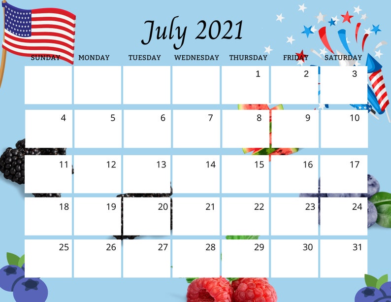 July 2021 Calendar, Cute, Summer Berry Printable Summer Design, Wall ...