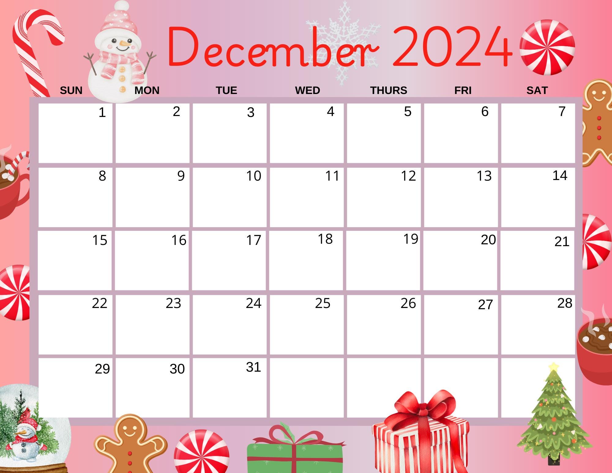December 2024 Winter Holiday Calendar| Red Winter Snowman Design, Cute ...