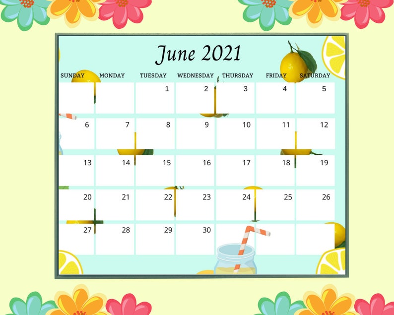June 2021 Calendar, Cute Lemons Printable Summer Design - Instant ...