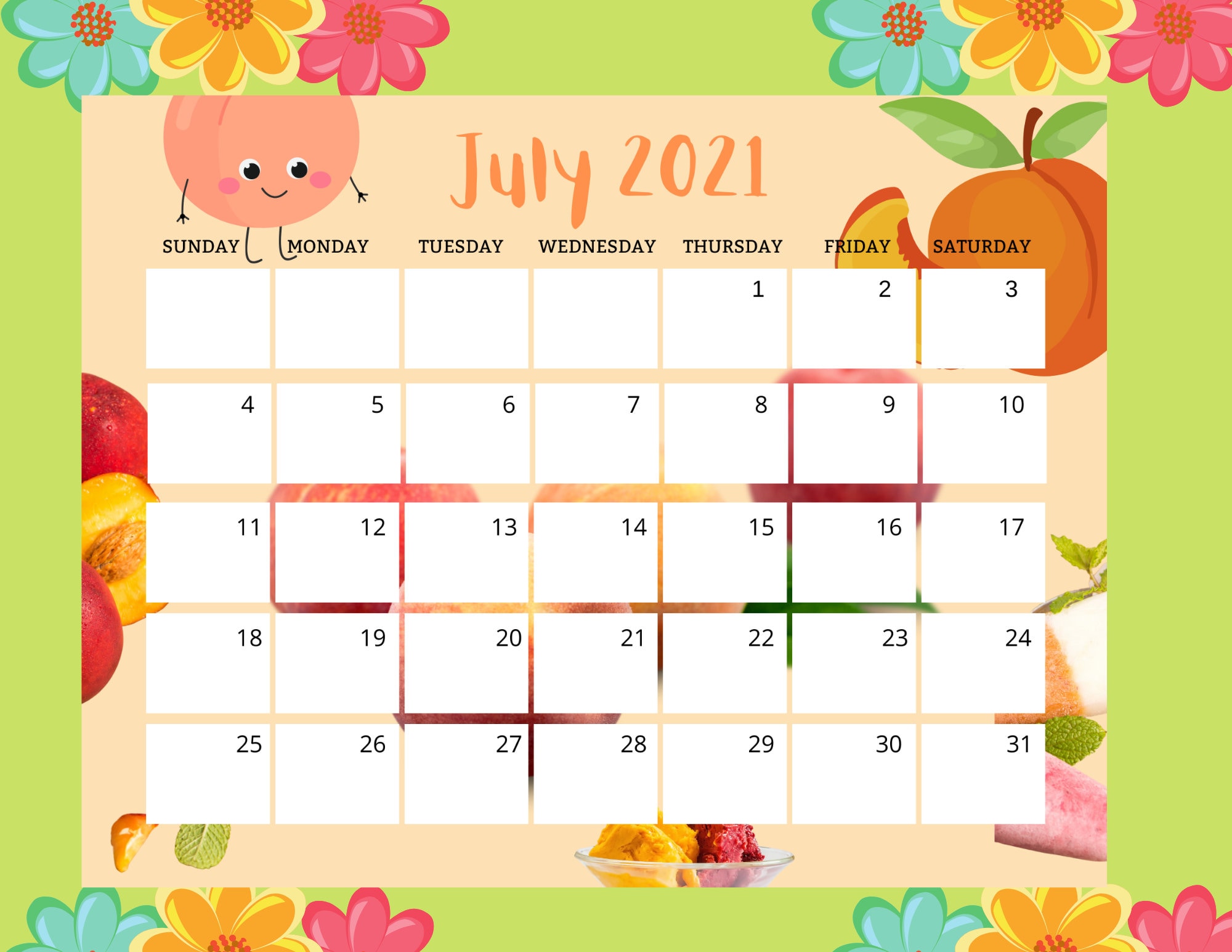 July 2021 Calendar, Colorful Calendar, Cute Fresh Peach Summer ...
