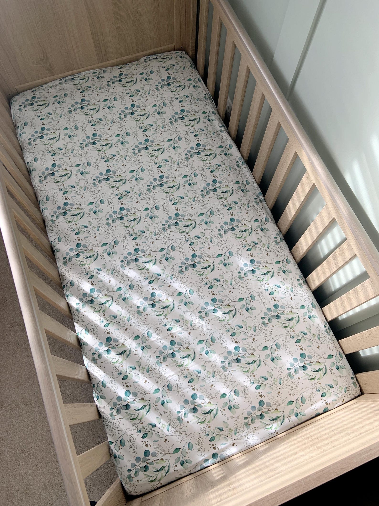 Sage Eucalyptus Leaf Print Fitted Cot Bed Sheet for Girl or Boy ...