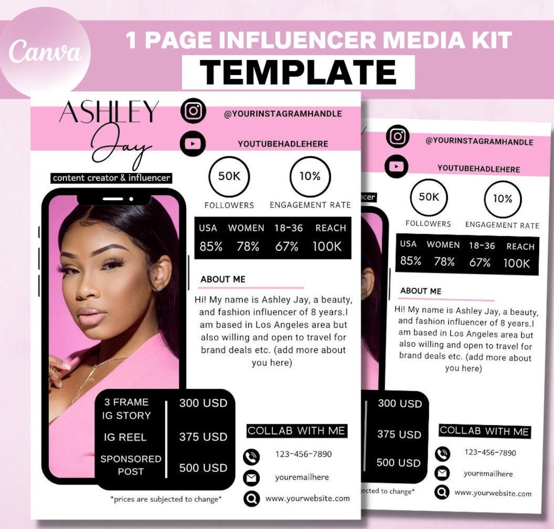 1 Page Influencer Media Kit, Media Kit Template, Instagram Influencer ...