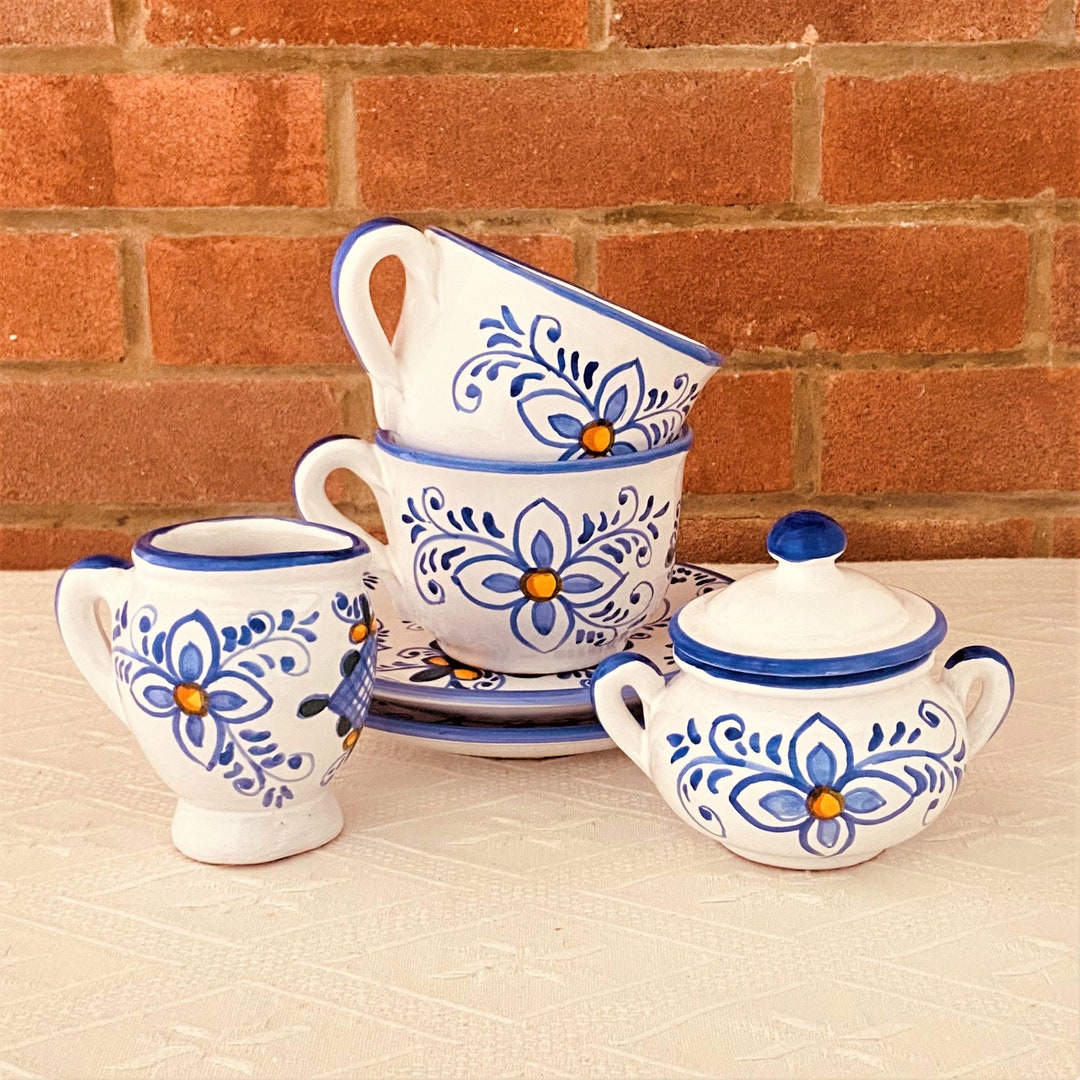 Handmade Italian Glazed Ceramic Tea Set – Floral Pattern, 2/4 Person ...