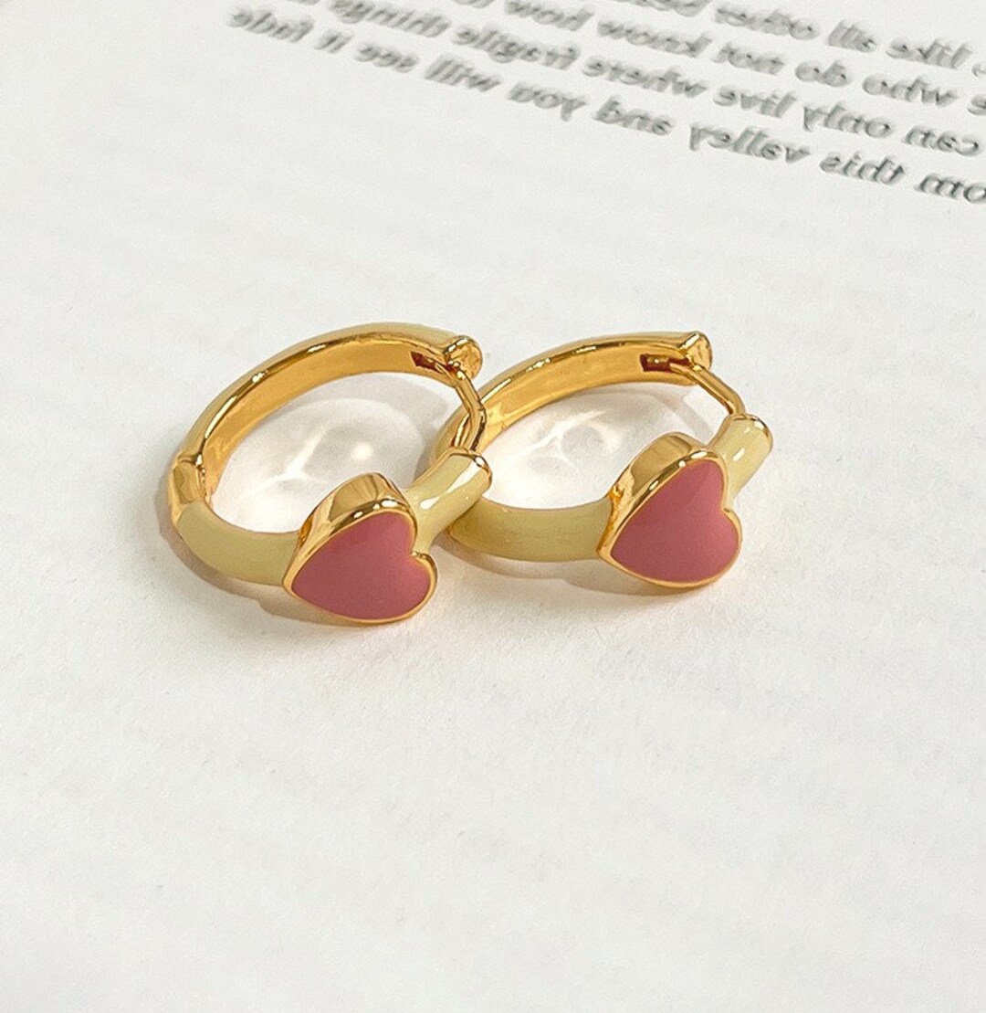 Pink Heart Huggies, Heart Hoops, Hoop Earring, Heart Earring, Gold ...