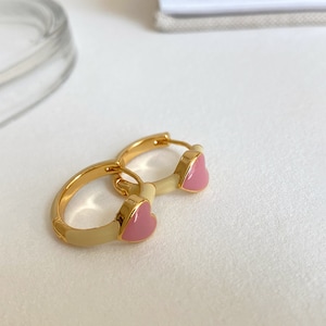 Pink Heart Huggies, Heart Hoops, Hoop Earring, Heart Earring, Gold ...