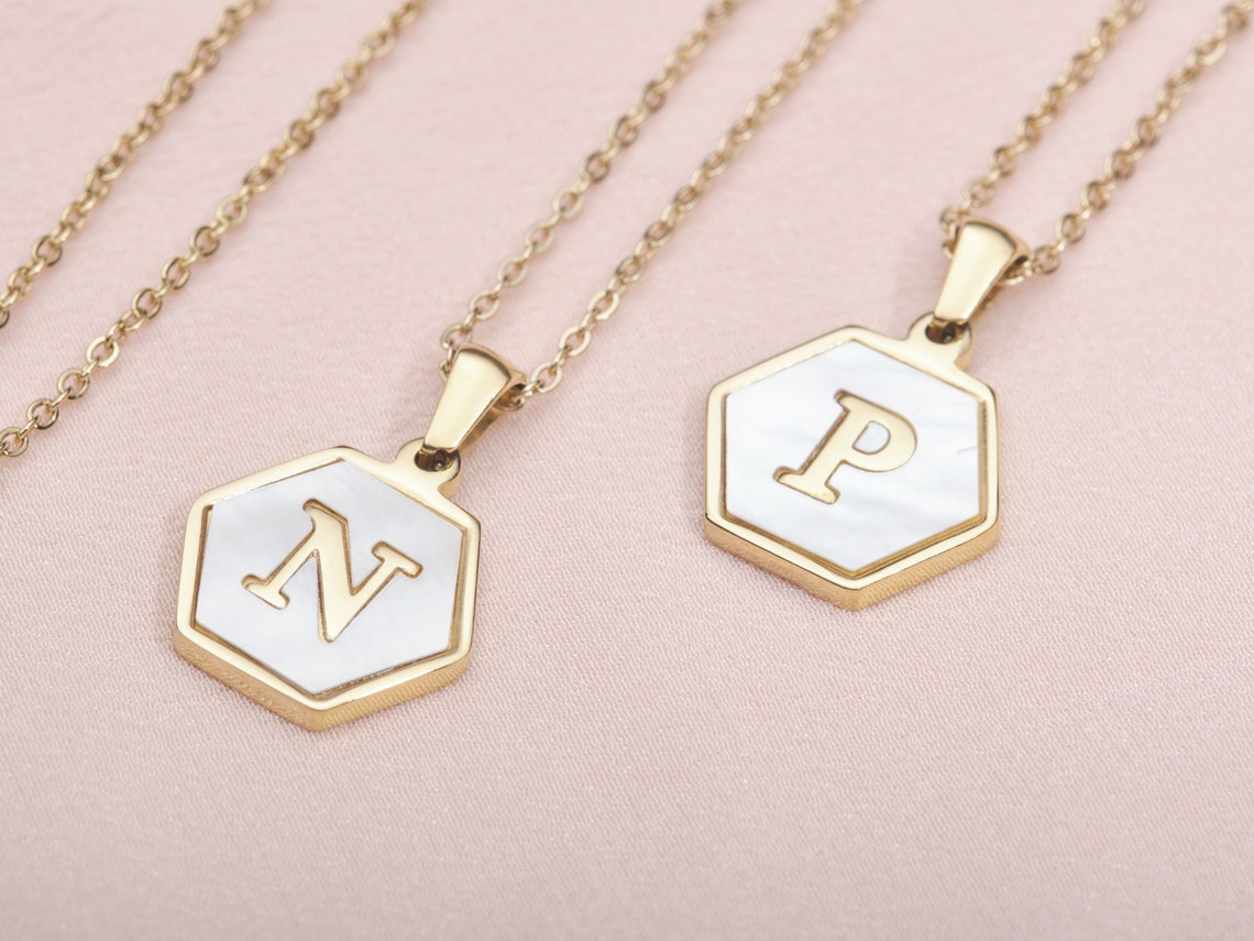 Gold Initial Letter Necklace Gold Alphabet Pendant Hexagon - Etsy