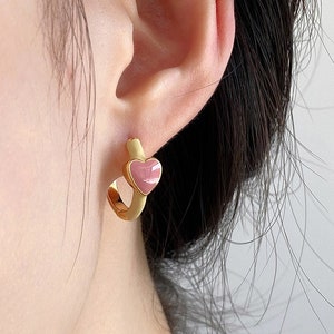 Pink Heart Huggies, Heart Hoops, Hoop Earring, Heart Earring, Gold ...
