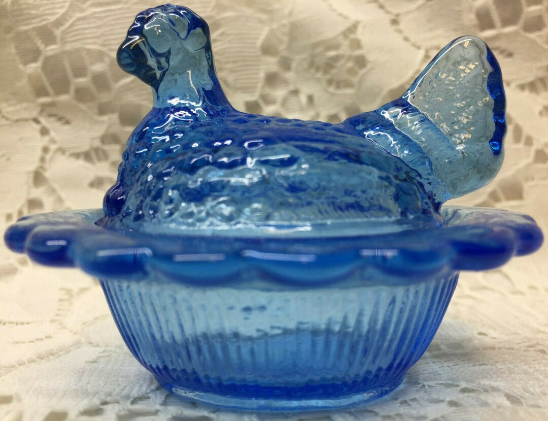 2pc Aqua Blue Glass Hen Chicken on Nest Basket Rooster Egg Chick Salt ...