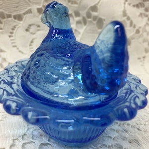 2pc Aqua Blue Glass Hen Chicken on Nest Basket Rooster Egg Chick Salt ...