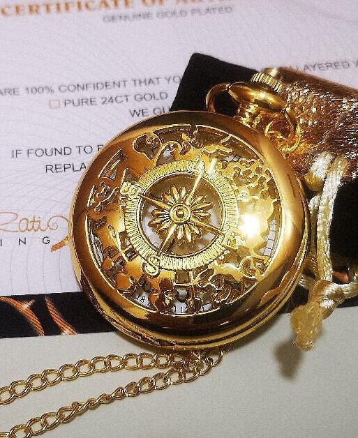 24k Gold Plated Patterned Quartz Mehanical Pocket Watch Birthday ...