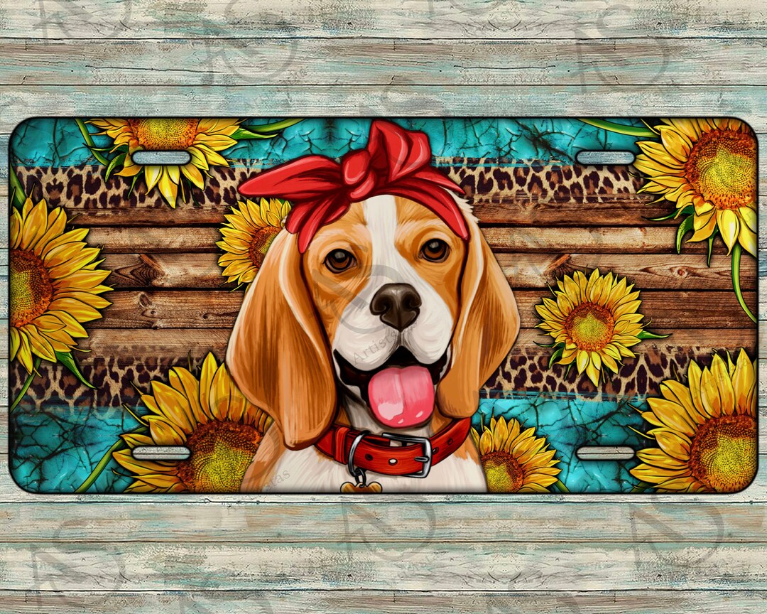 Beagle With Sunflowers and Leopard License Plate Png,beagle License ...