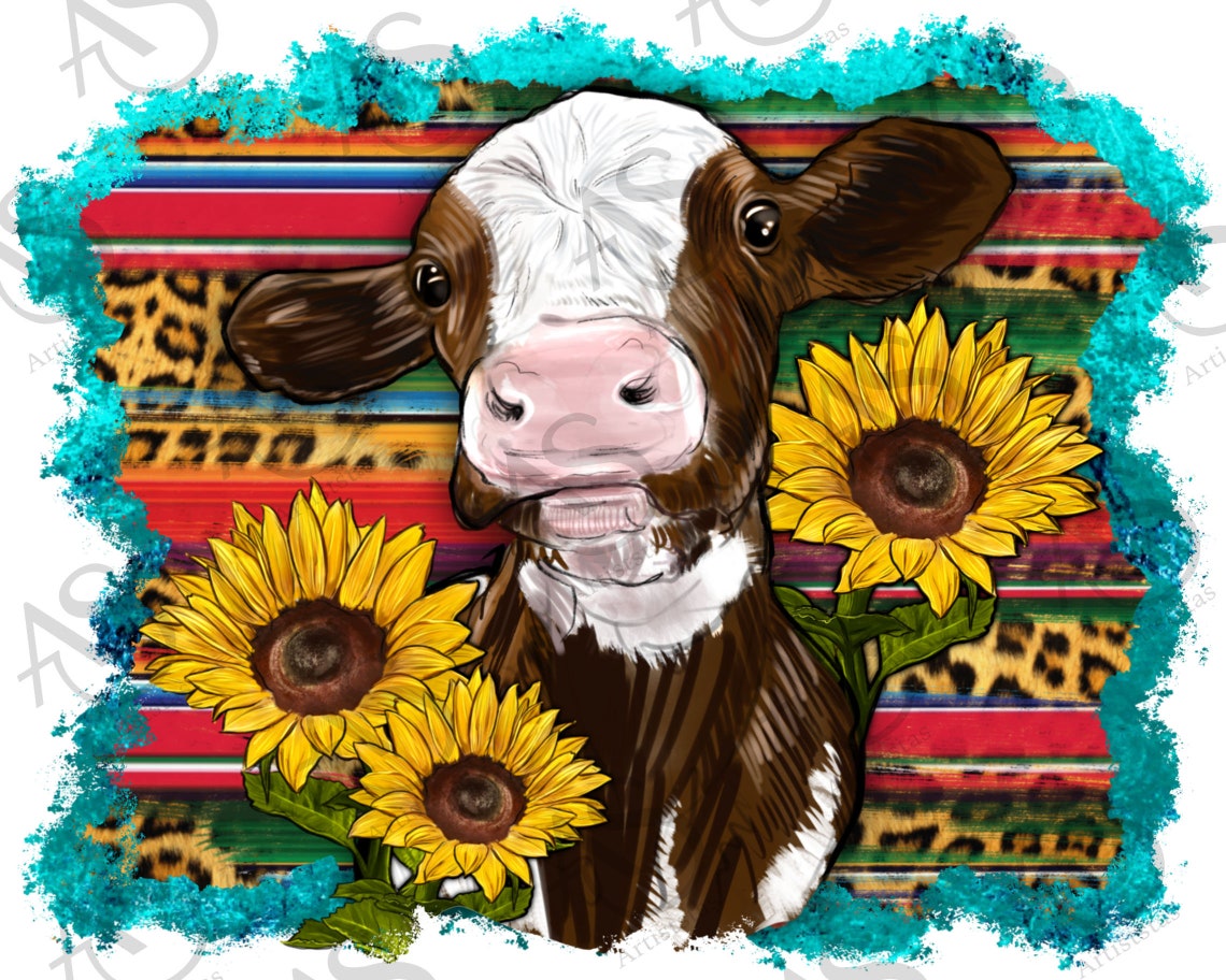 Western Cow With Sunflowers Background Png Leopard and Serape - Etsy