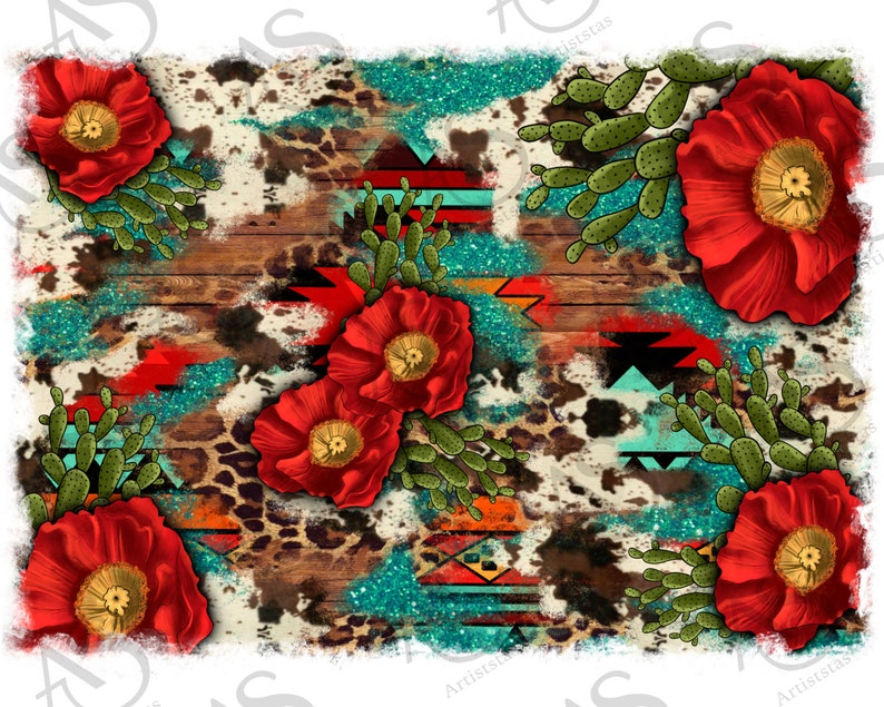 Red Flower and Cactus With Cowhide and Aztec Background Png - Etsy