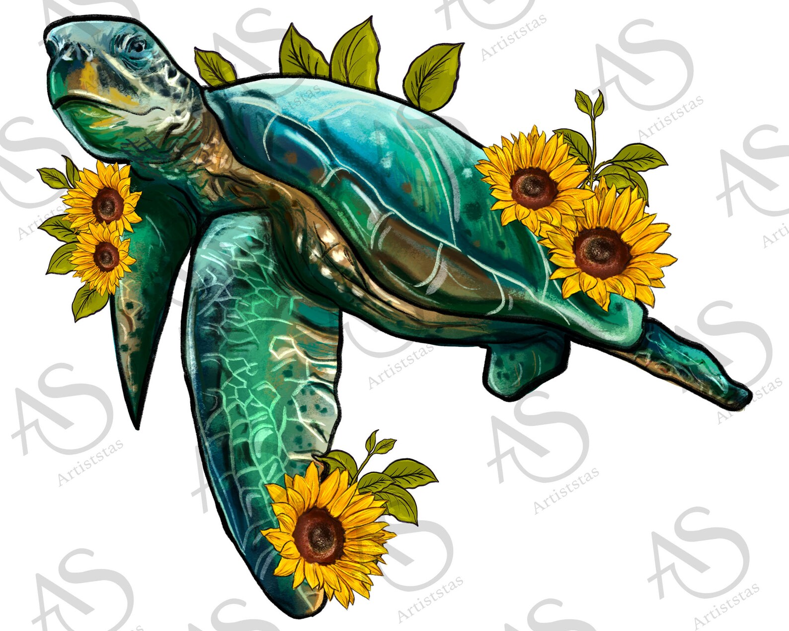 Sea Turtle With Sunflowers Png Sublimation Design Sea Turtle - Etsy
