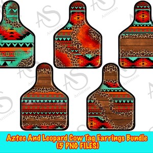 Western Aztec and Leopard Cow Tag Earrings Png Sublimation Design ...