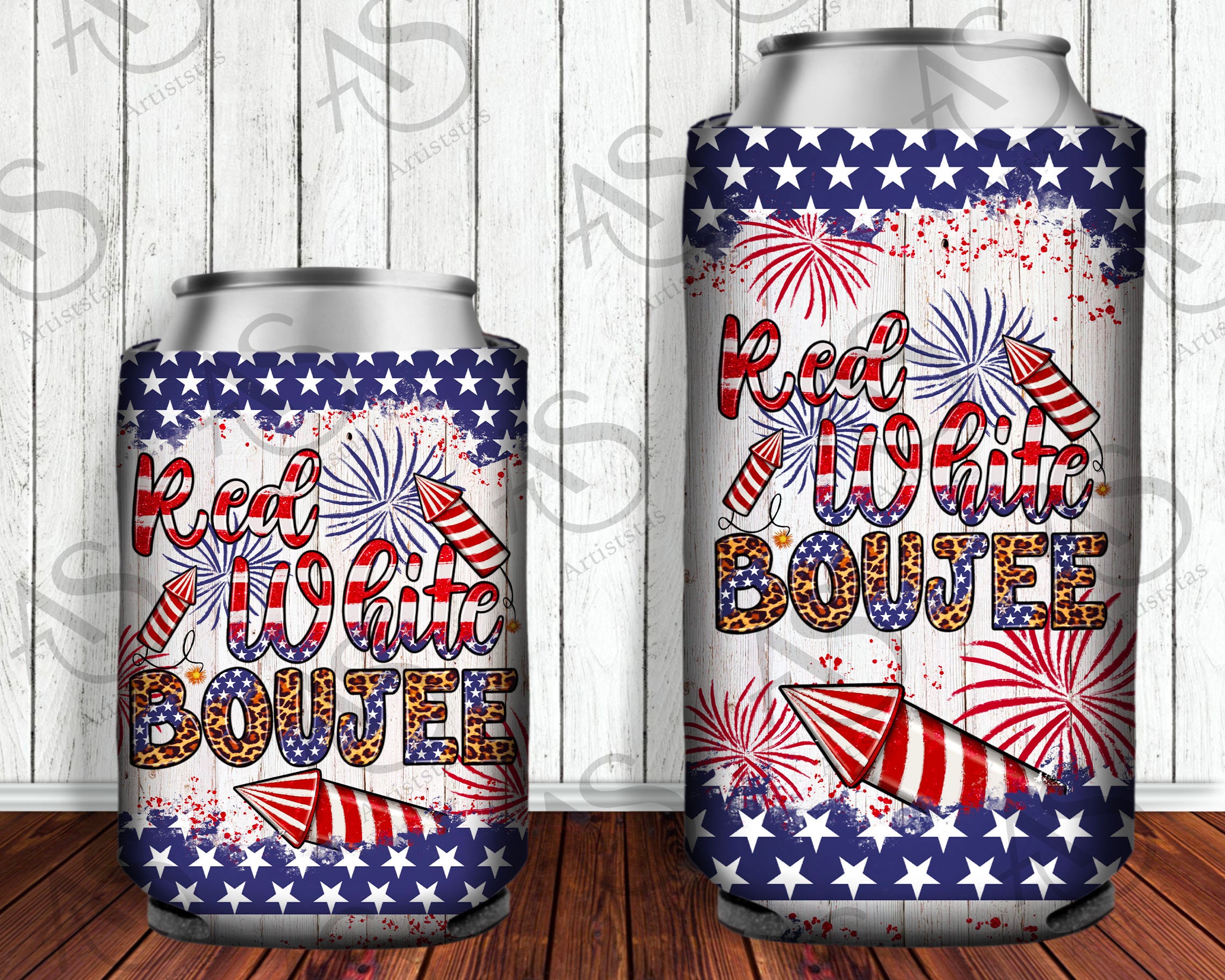 Red White Boujee With Firework 12 Oz Slim Can Cooler Png USA - Etsy