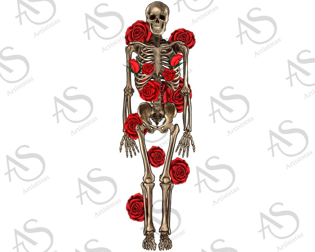 Roses Skeleton Png Sublimation Design, Hand Drawn Skeleton and Roses ...