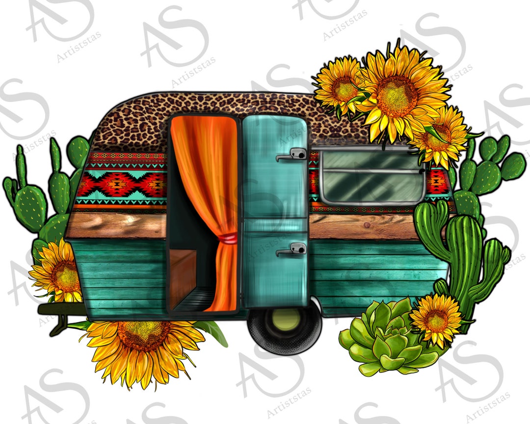Western Caravan With Sunflowers and Cactus Png, Leopard Aztec Serape ...
