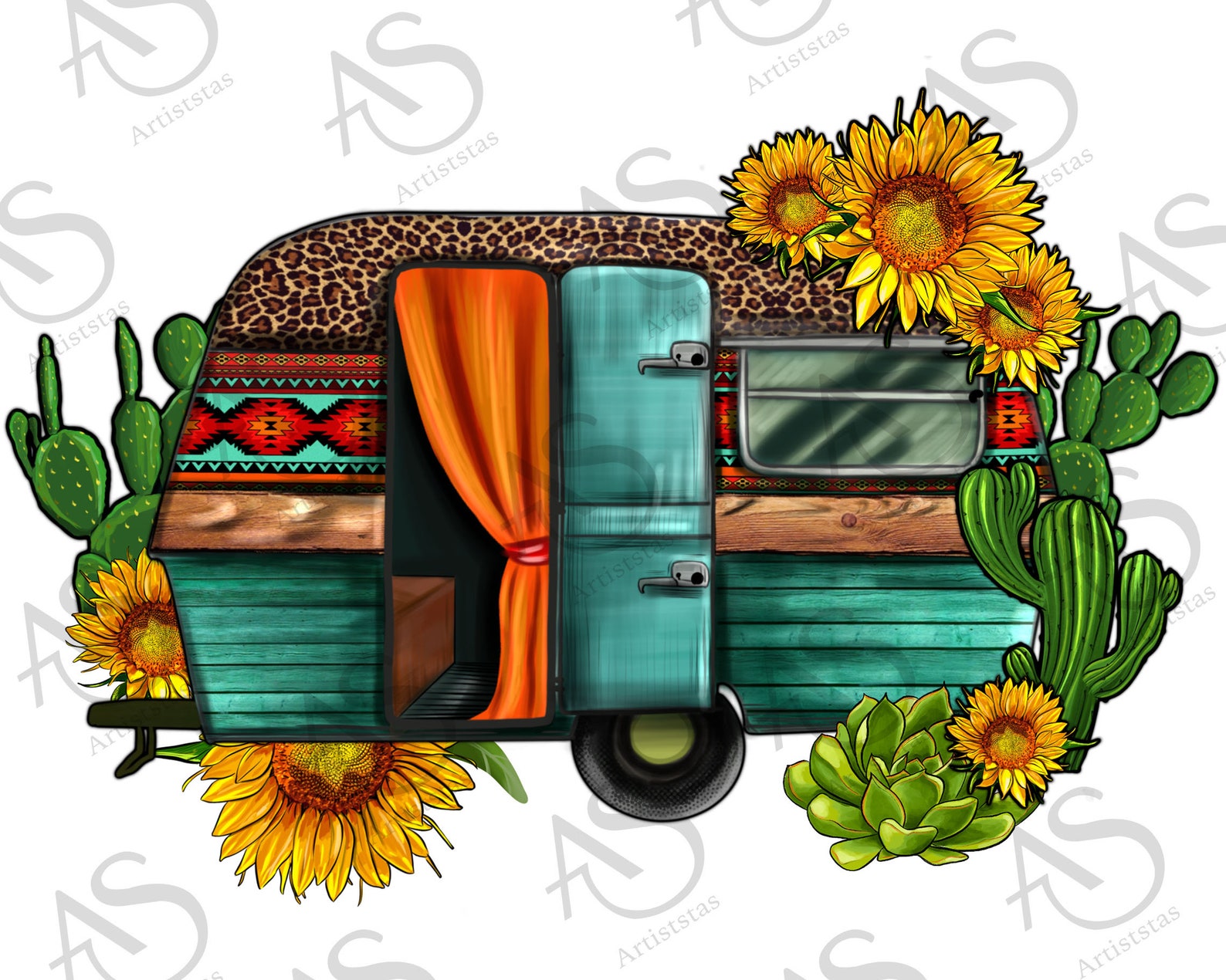 Western Caravan With Sunflowers and Cactus Png Leopard Aztec - Etsy