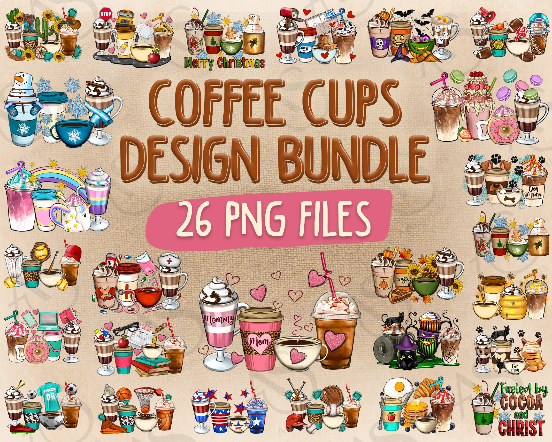 Coffee Cups Png Sublimation Design Bundle 26 Png Files Hand - Etsy