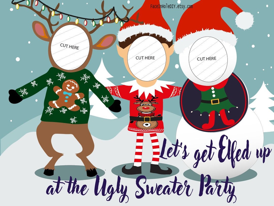 Christmas Ugly Sweater Photobooth Prop Face in Hole Cutout. ONE DIGITAL ...