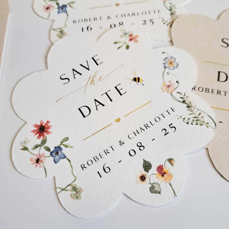 WILDFLOWER - Hot Foil Save the Date Flower Shape Cards - Debossed ...