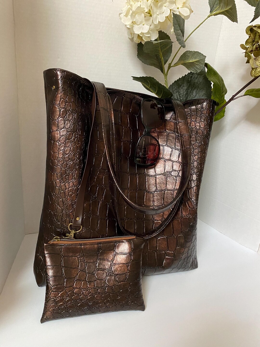 Metallic Copper Croc Large Faux Leather Shoulder Tote Bag/ Faux Croc ...