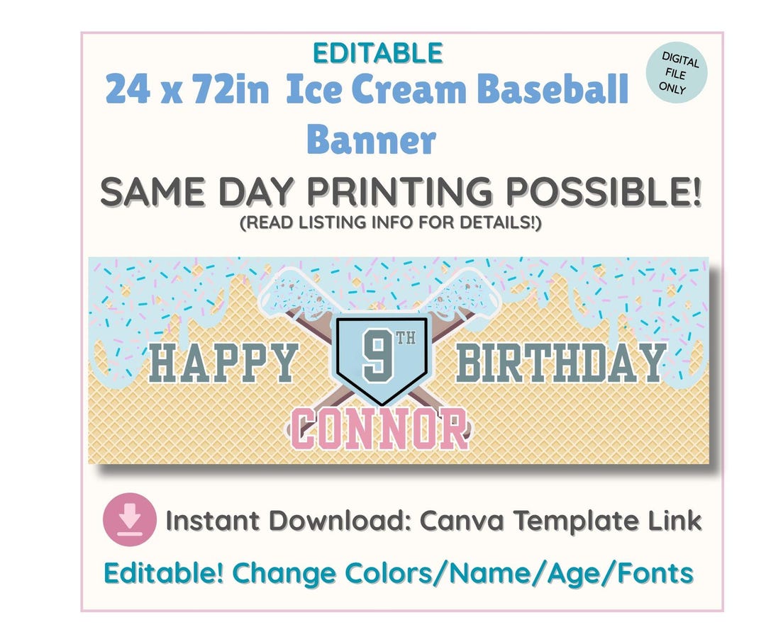 Ice Cream Drip Baseball Birthday Banner • Boy Birthday Banner •canva ...
