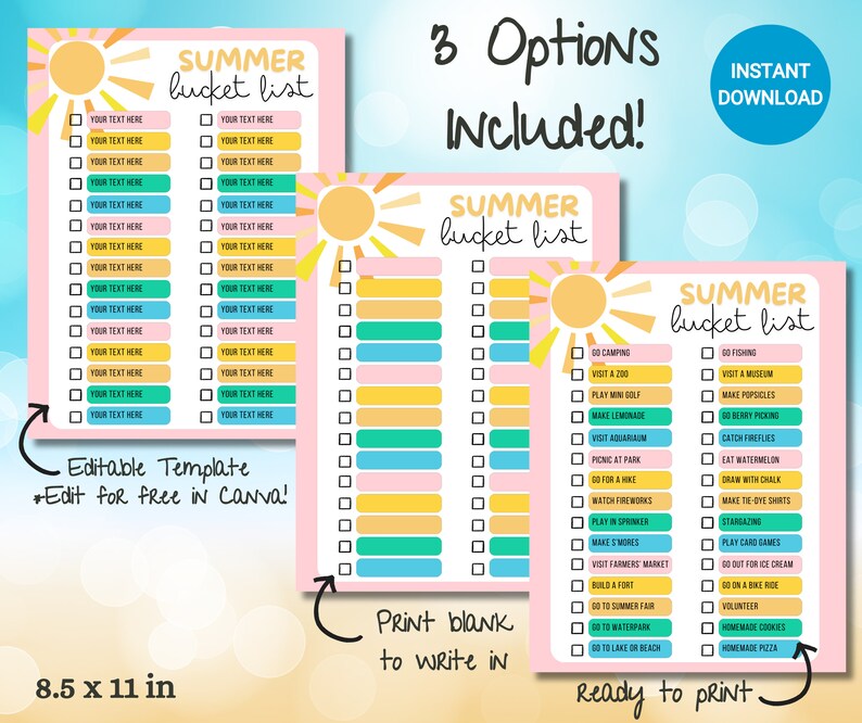 Editable Summer Kids Bucket List Printable, Editable Summer Bucket List ...