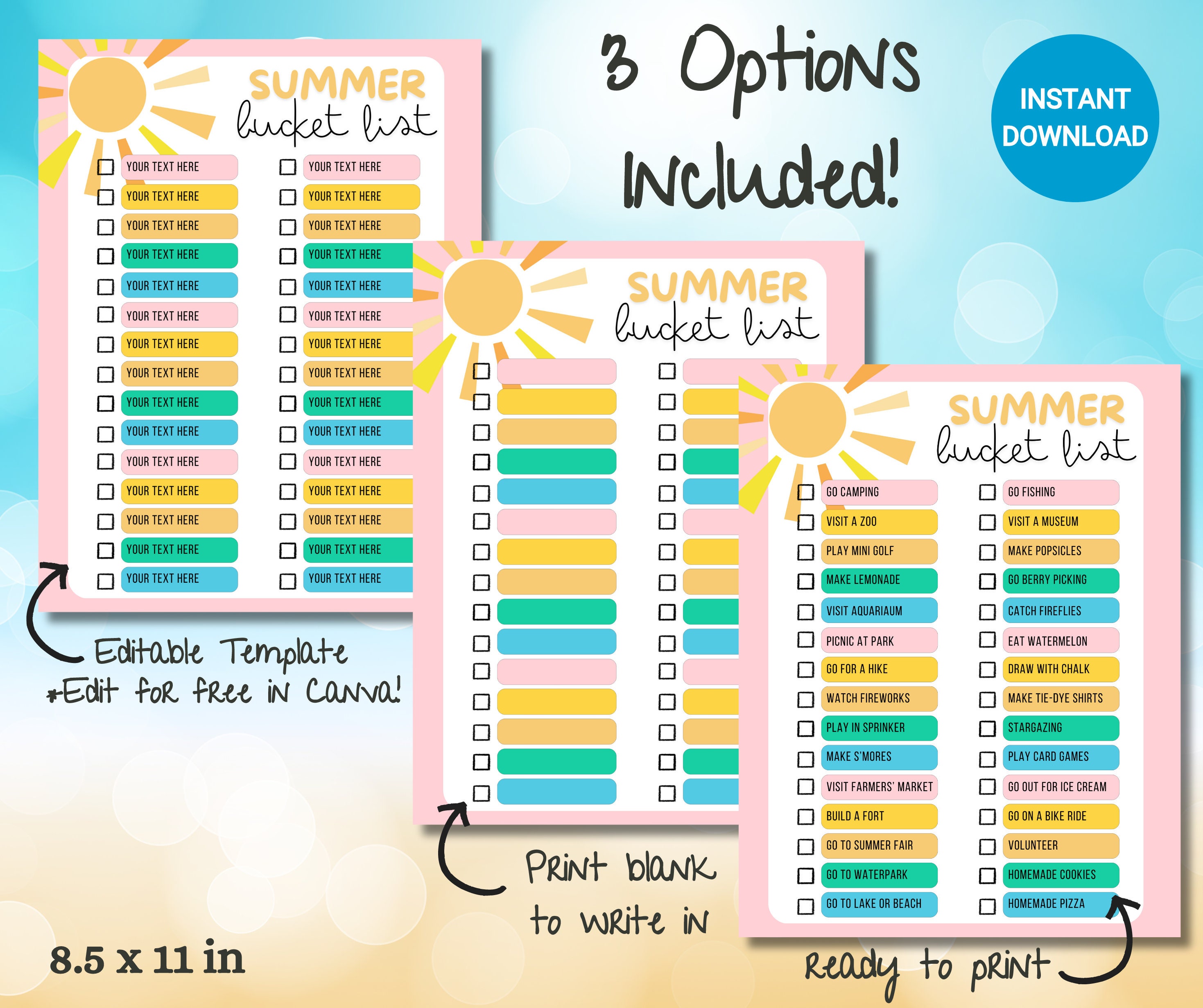 Editable Summer Kids Bucket List Printable, Editable Summer Bucket List ...