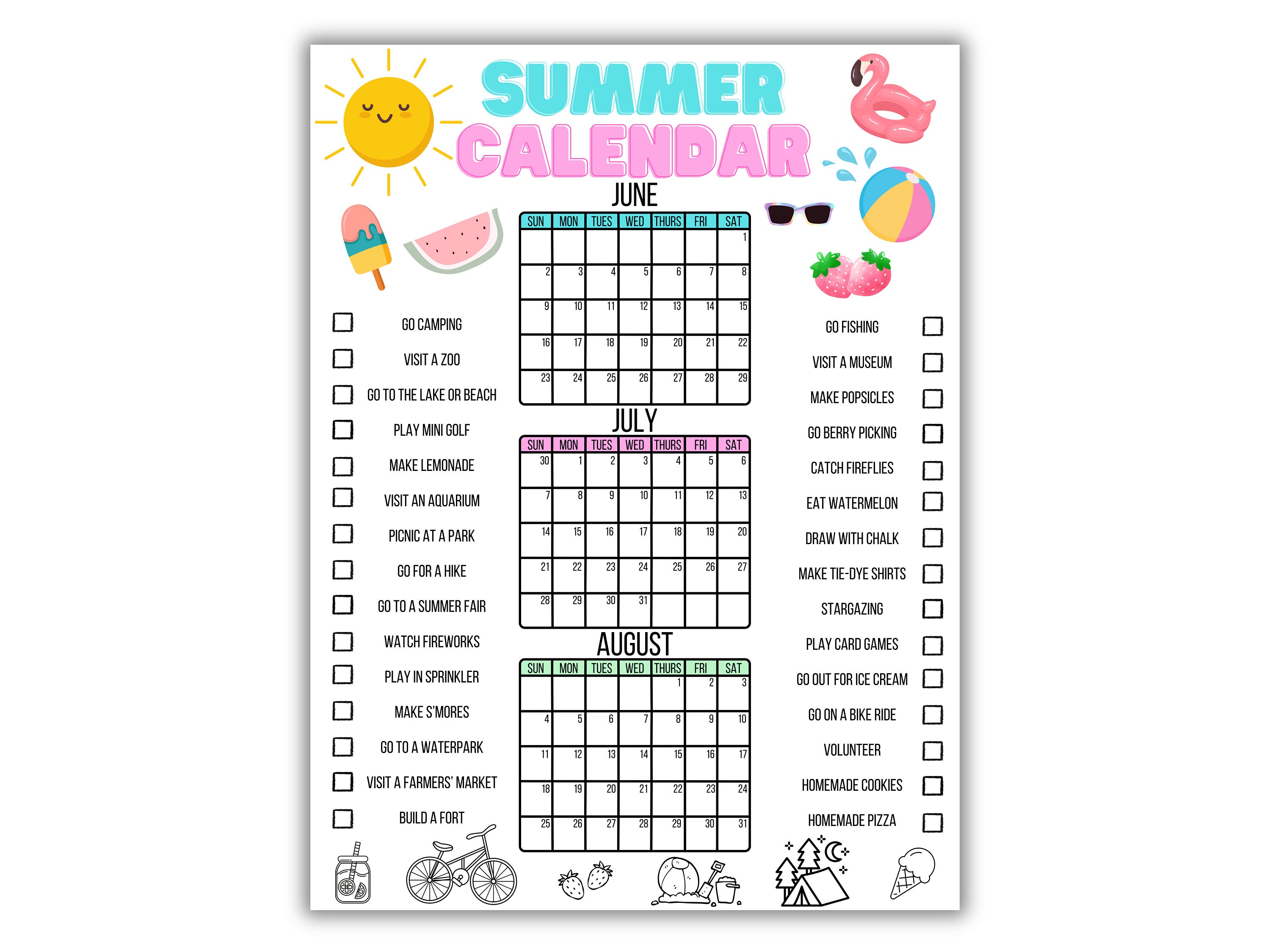 Summer Bucket List Calendar Printable | 2025 Poster | Kids Summer ...