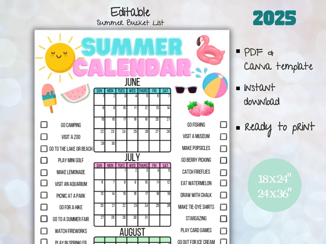 Summer Bucket List Calendar Printable | 2025 Poster | Kids Summer ...