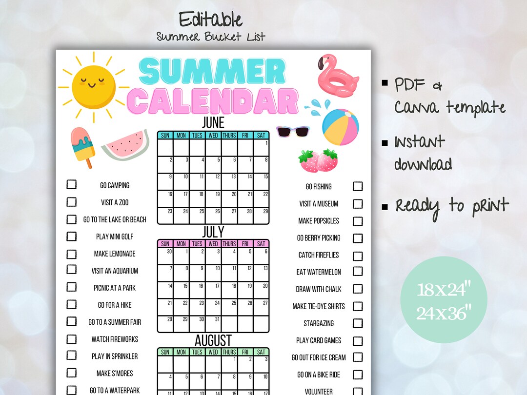 Printable Summer Calendar Poster, Bucket List,summer Activities ...