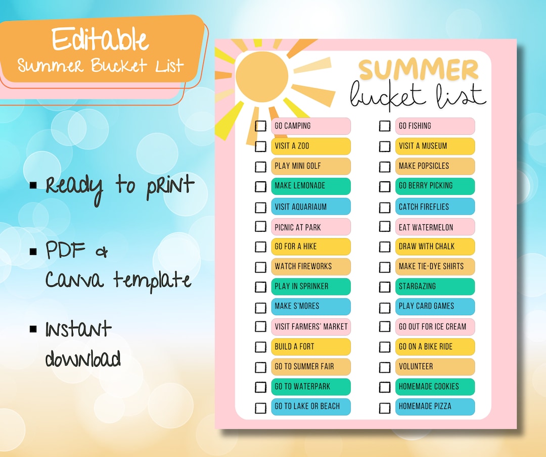 Editable Summer Kids Bucket List Printable, Editable Summer Bucket List ...