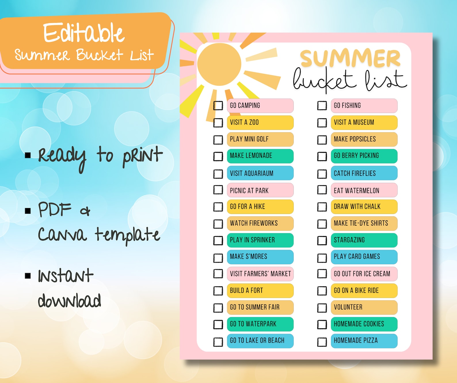Editable Summer Kids Bucket List Printable, Editable Summer Bucket List ...