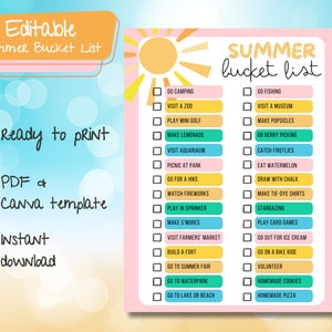 Editable Summer Kids Bucket List Printable, Editable Summer Bucket List ...