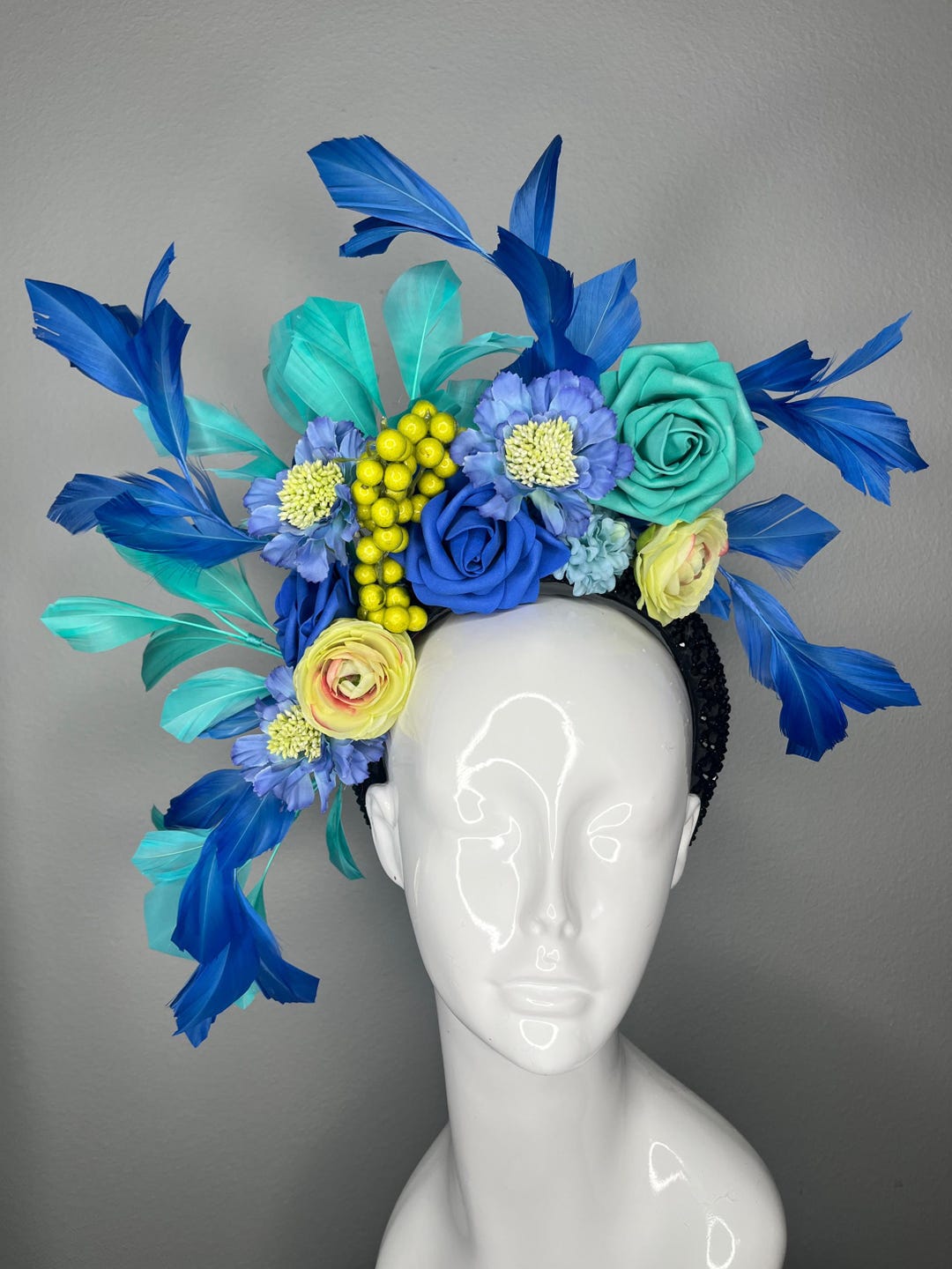 Blue and Teal Feathered Garden Crown With Berry Accents Fascinator Hat ...