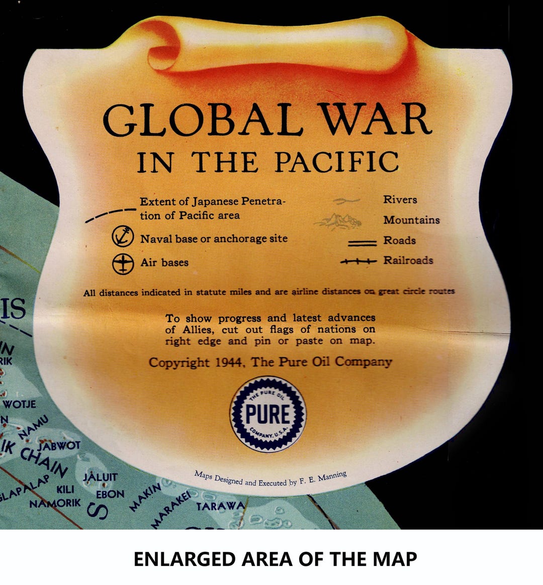 Large Pure Oil Company Map of Global War in the Pacific Wwii 1944 World ...