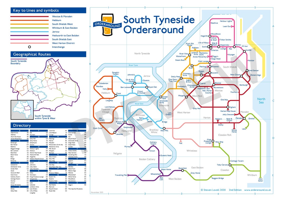 South Tyneside Orderaround A3 Pub Map Poster - Etsy