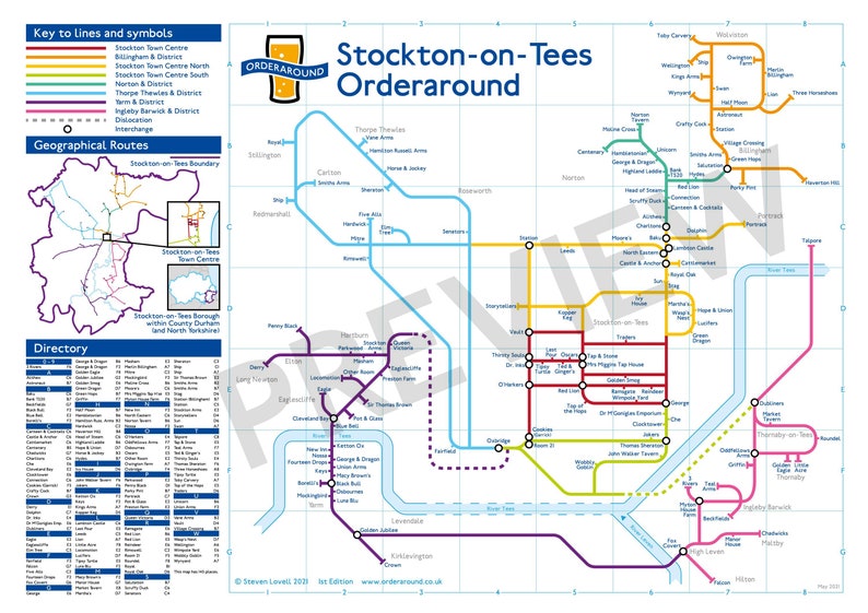 Stockton on Tees Orderaround A3 Pub Map Poster - Etsy