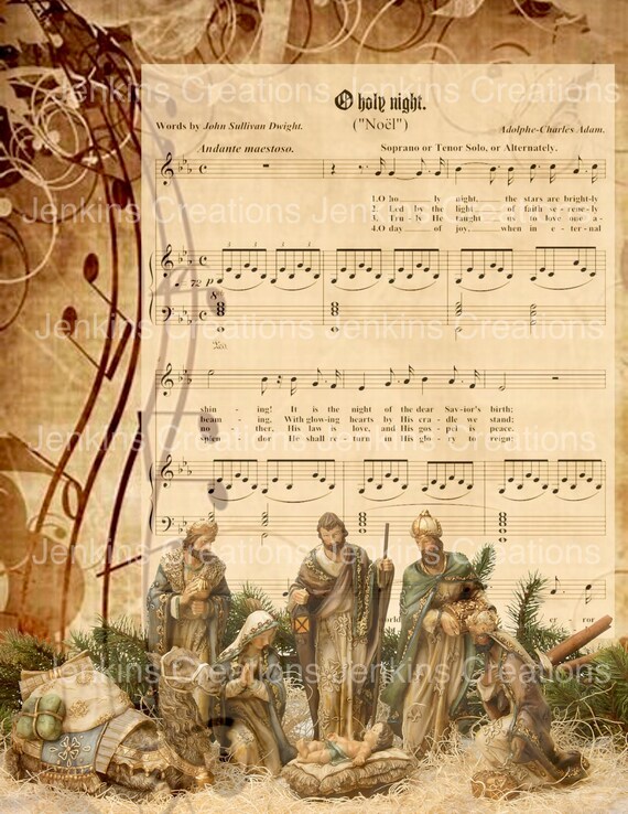 O Holy Night Sheet Music With Nativity Downloadable PNG Print | Etsy