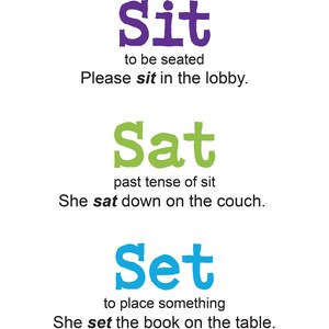 Sit Set Sat Grammar Poster Printable Digital Download Commonly Confused ...