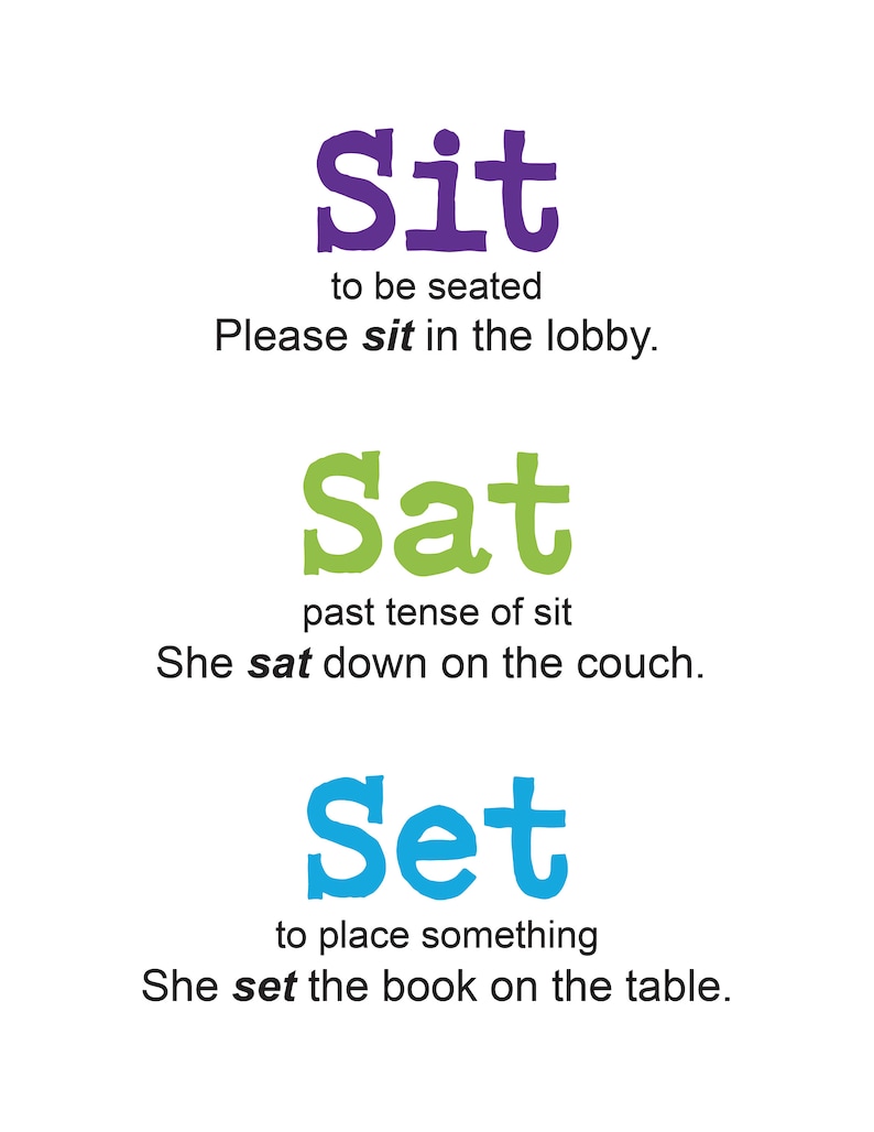 Sit Set Sat Grammar Poster Printable Digital Download Commonly Confused ...